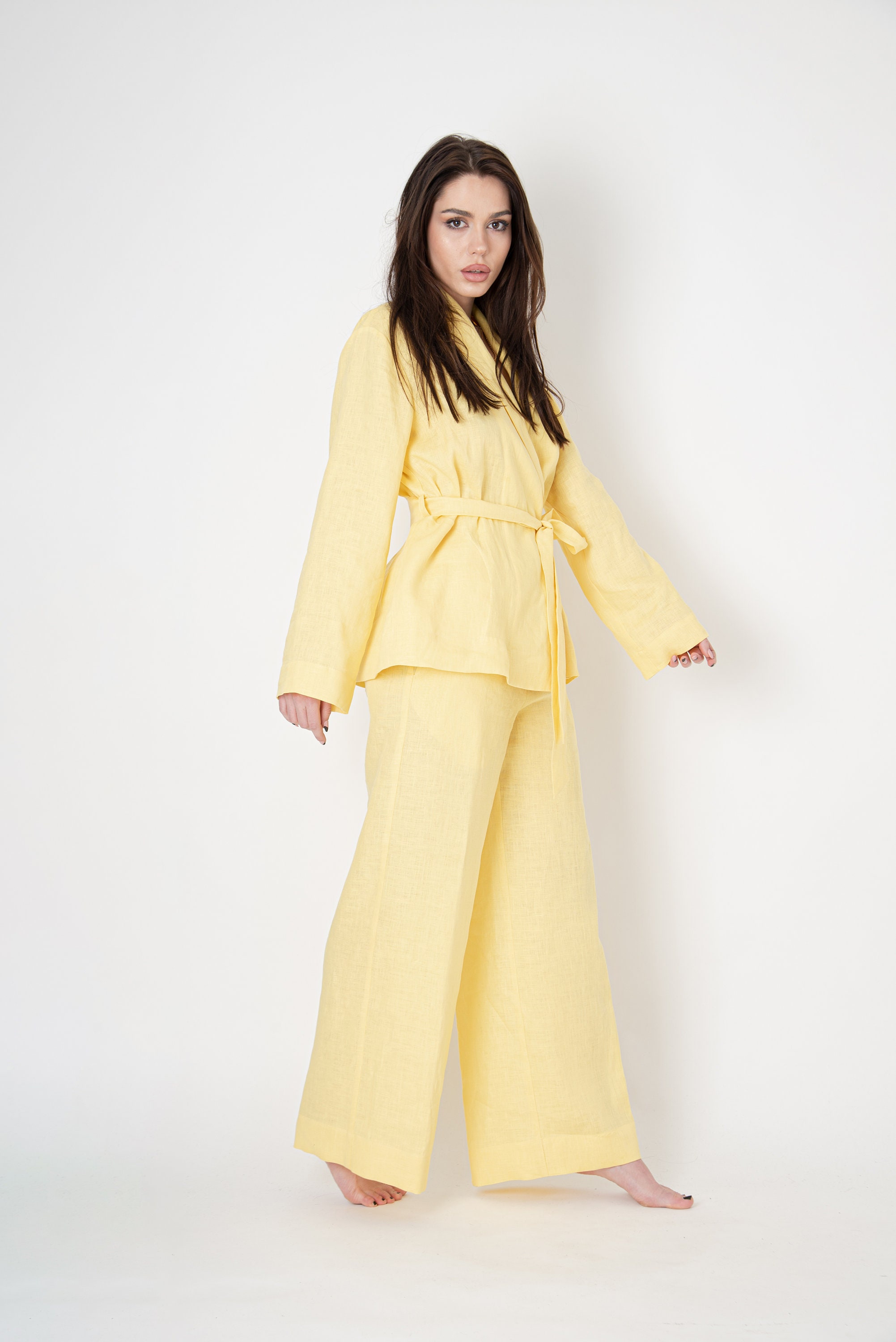 Linen Kimono Jacket/yellow Linen Wrap Top/linen Shirt/linen Summer ...