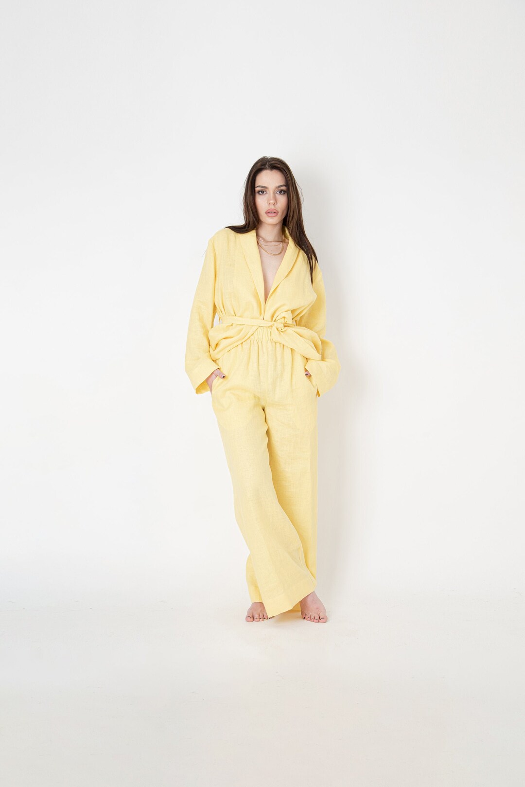 Linen Two Piece Set/women's Linen Set/loose Linen Pants/linen Wrap Top ...