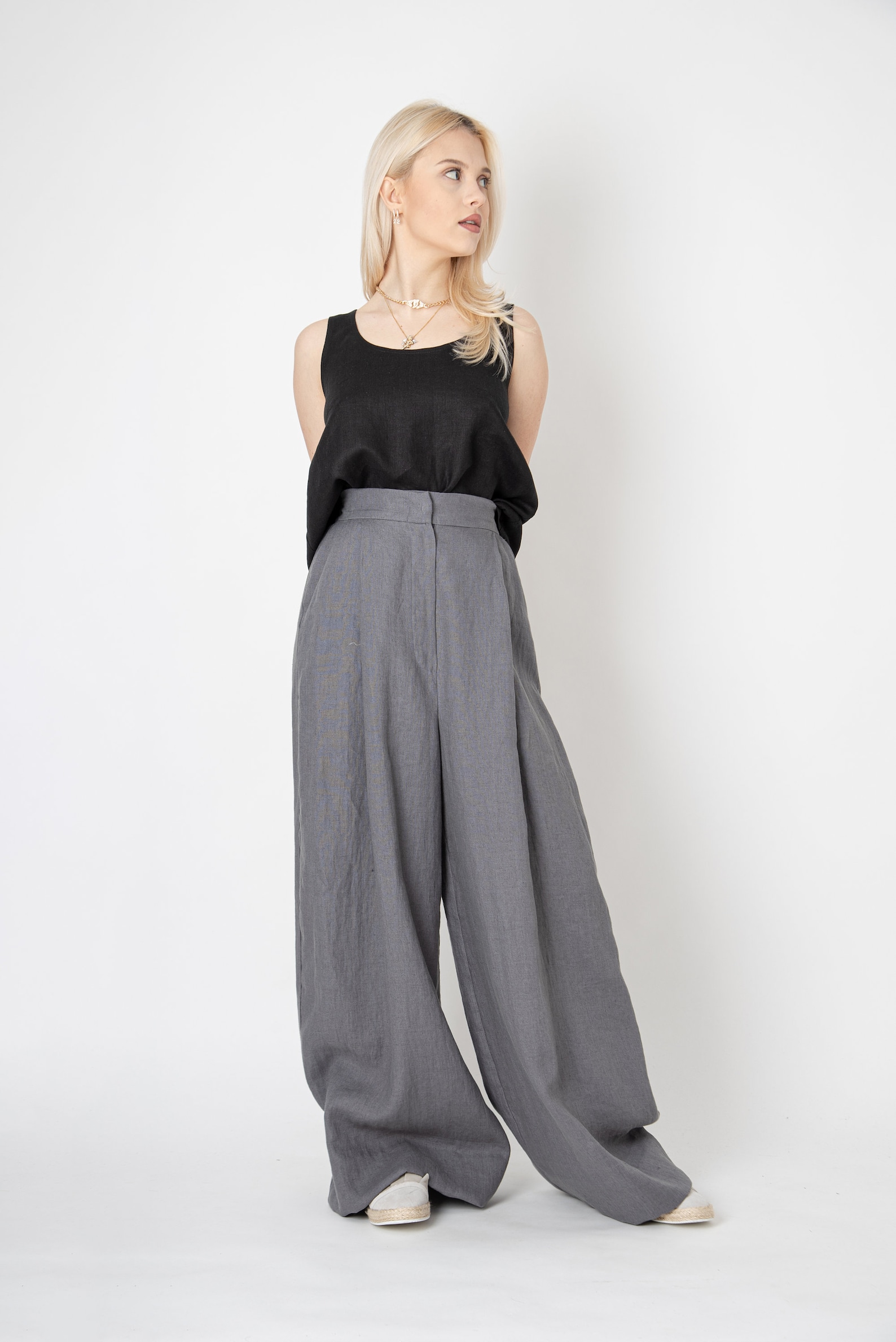 Wide Leg Grey Linen Pants/loose Pants/palazzo Pants/high Waist - Etsy