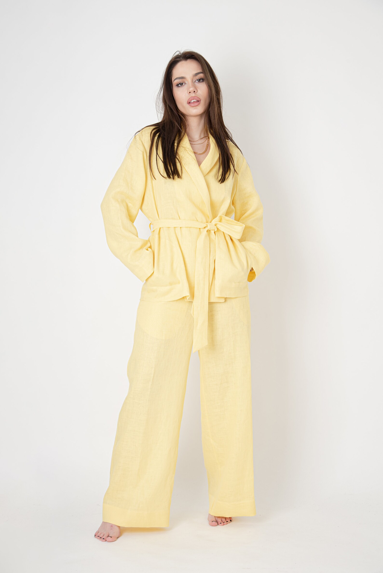 Linen Two Piece Set/women's Linen Set/loose Linen Pants/linen Wrap Top ...