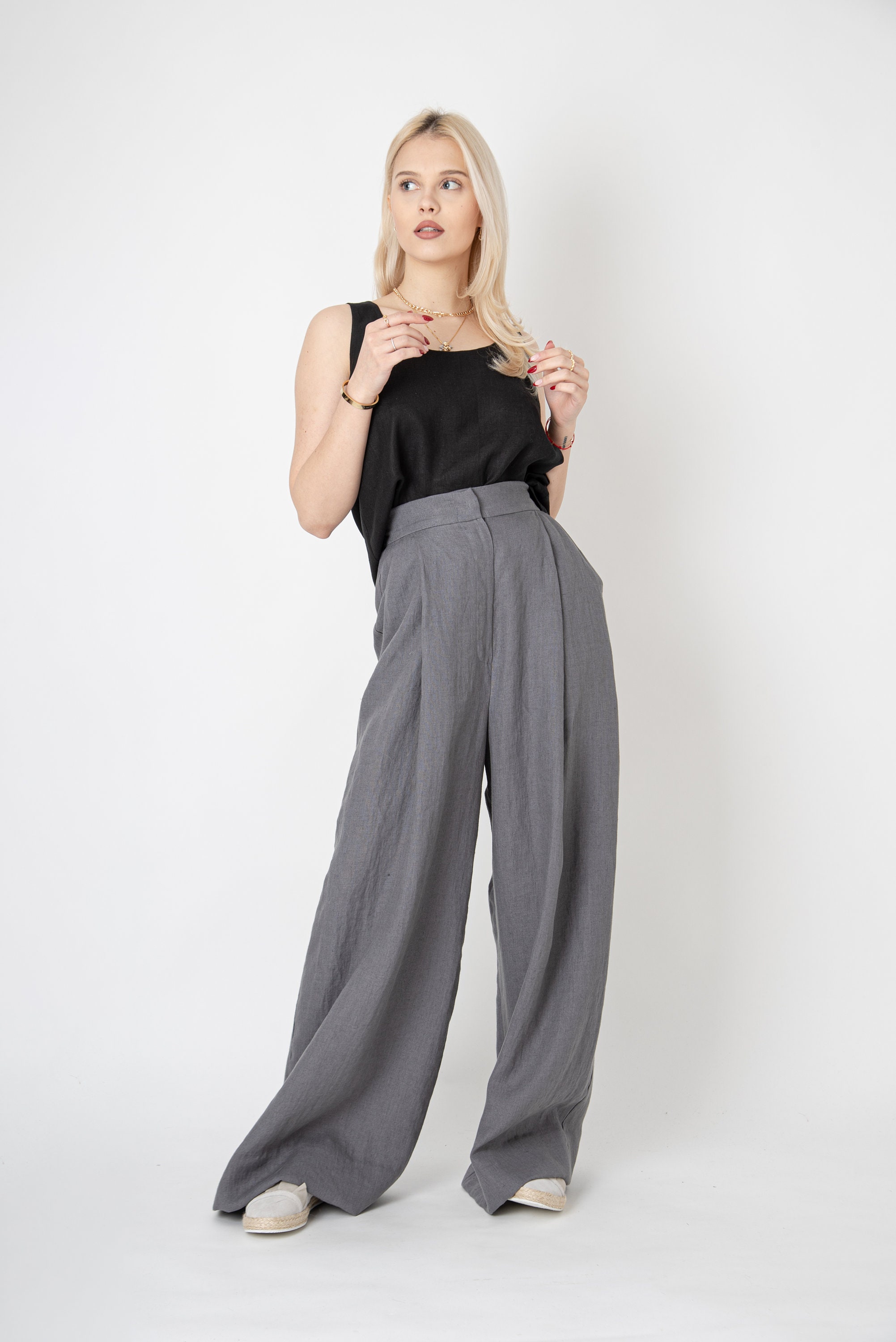 Wide Leg Grey Linen Pants/loose Pants/palazzo Pants/high Waist - Etsy