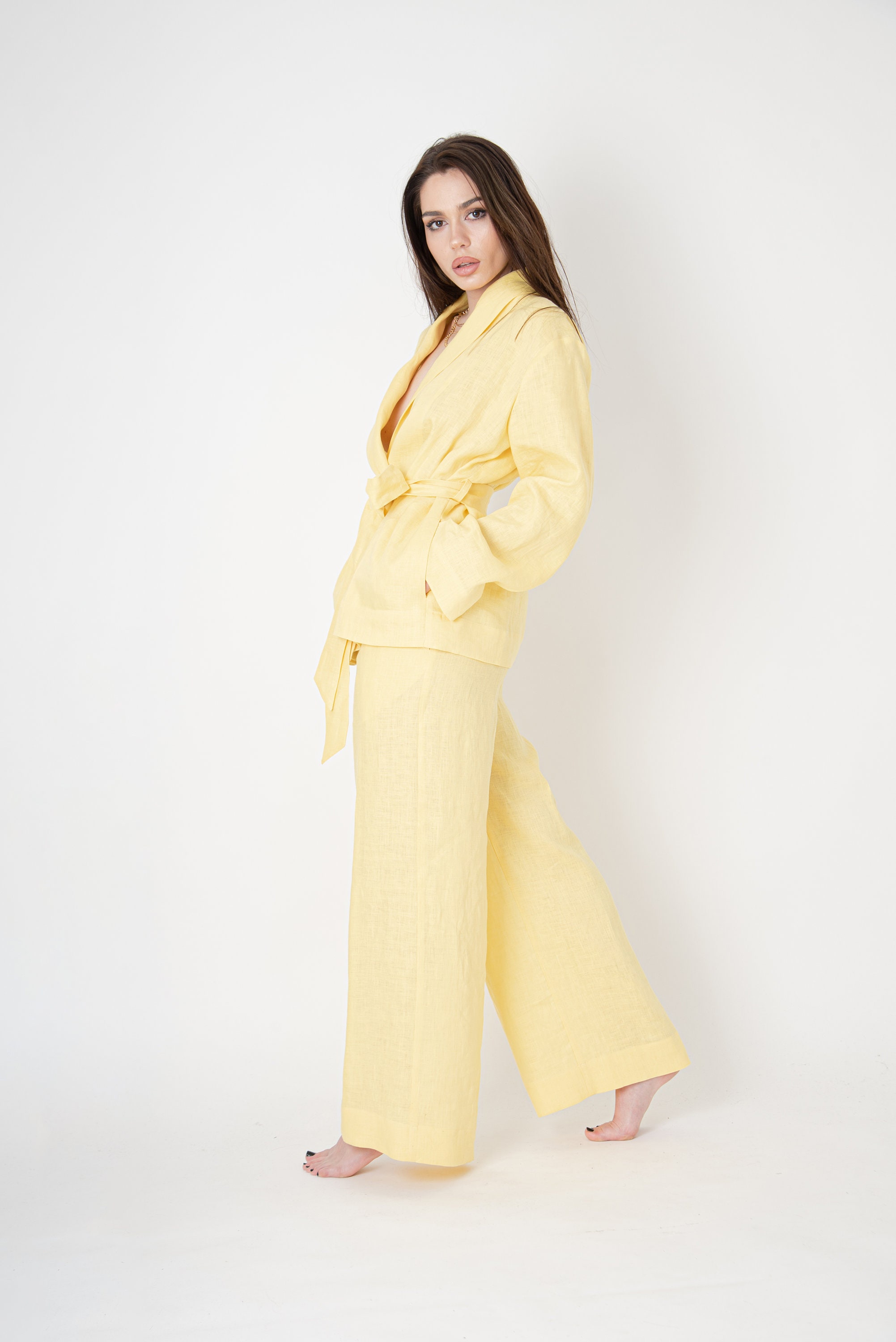 Linen Two Piece Set/women's Linen Set/loose Linen Pants/linen Wrap Top ...