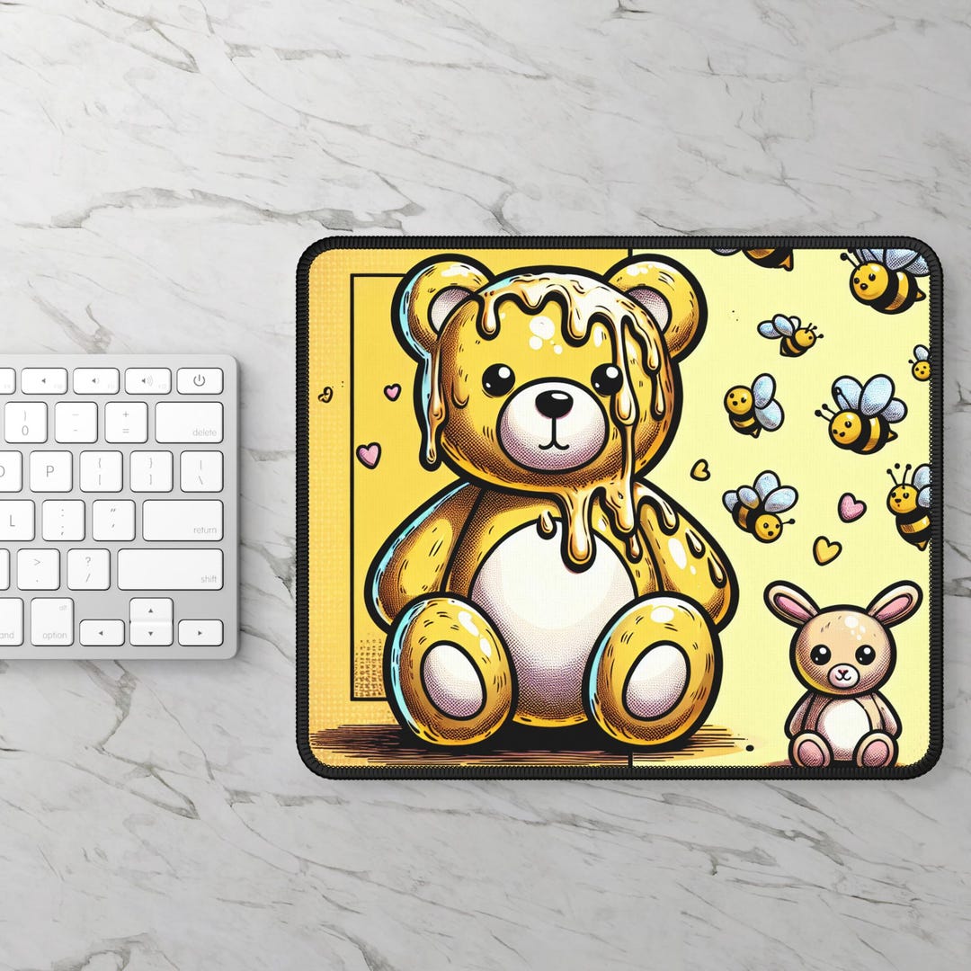 Teddy Bear Honey Bee Gaming Mouse Pad, Cartoon Bear and Bees With Honey ...