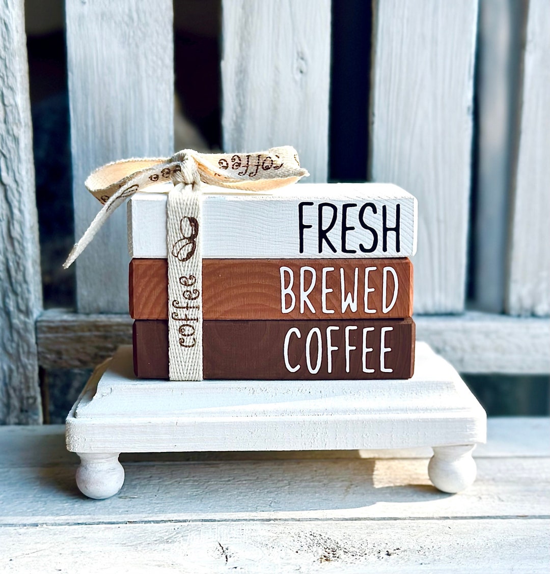 Coffee Mini Wood Book Stack Coffee Bar Tier Tray Decor Farmhouse Wood ...