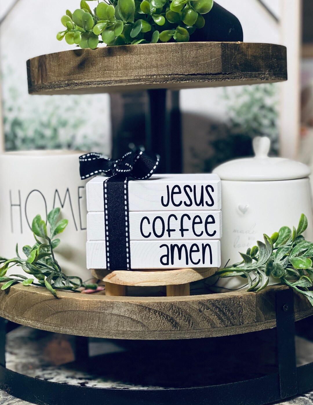 Coffee Bar Wooden Book Stack, Farmhouse Tiered Tray Decor, Rustic Home ...