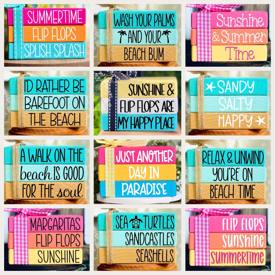 Summer Beach Mini Wood Book Stack Summer Book Stack Summer Tiered Tray ...