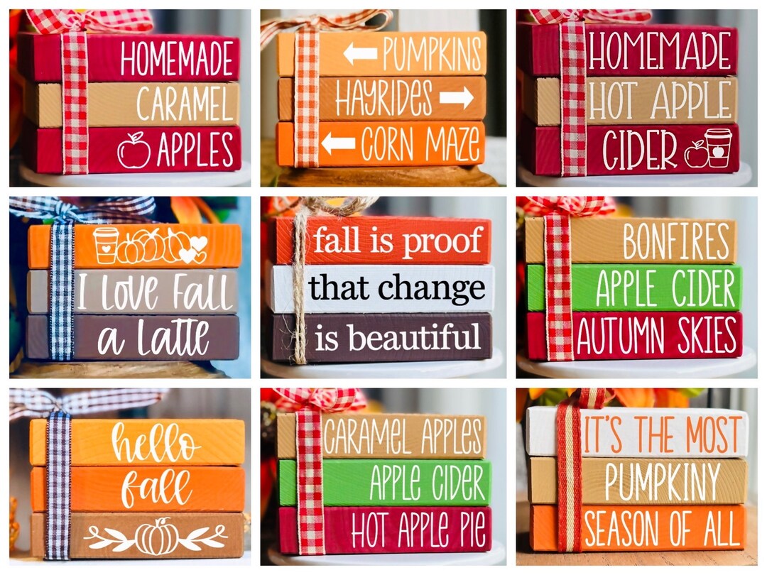 Wood Fall Autumn Pumpkins Apples Hello Fall Book Stack Fall Tier Tray ...
