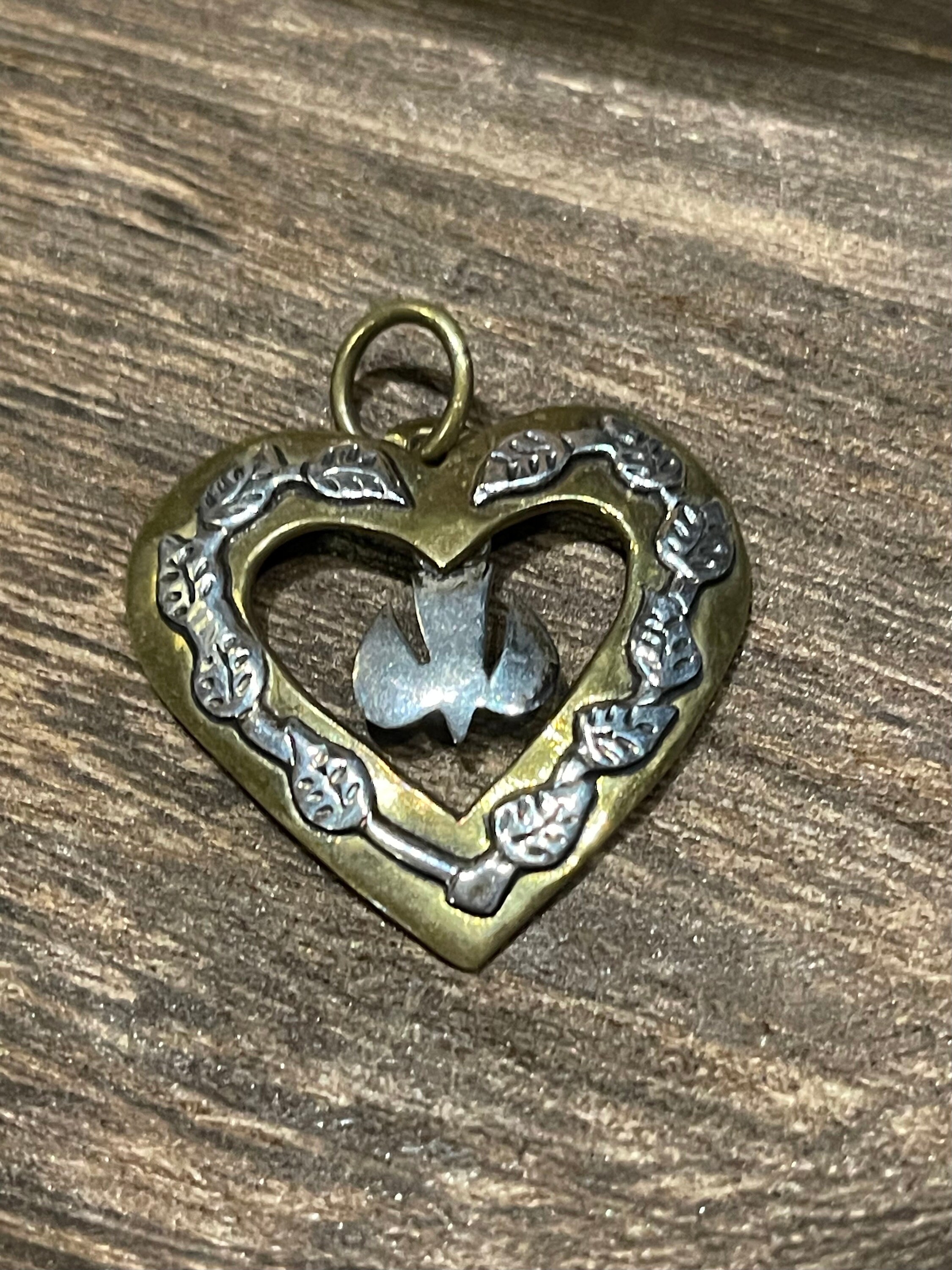 Jeep Collins Signed Sterling Silver & Brass Dove Inside Heart Pendant ...