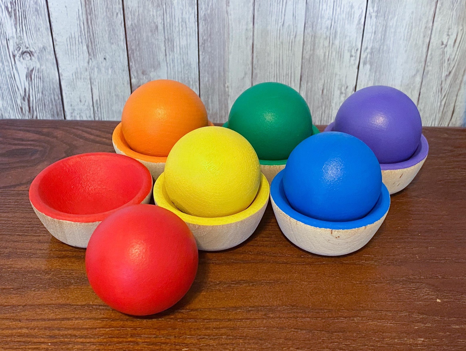 Rainbow Sorting Wooden Balls and Bowls Montessori Waldorf Toy - Etsy