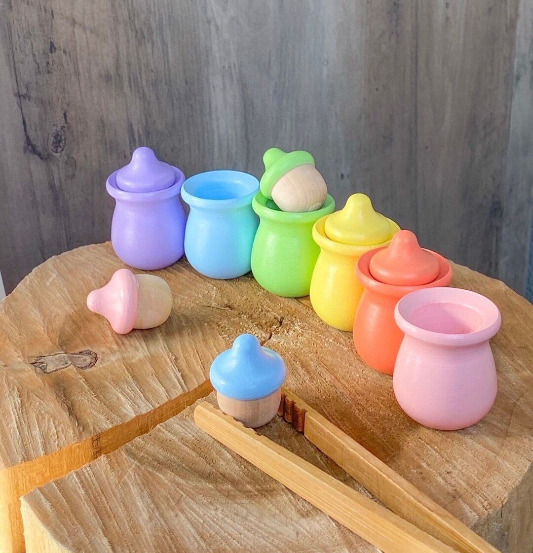 Wooden Acorns and Cups Sorting Set in Pastel Rainbow Colors ...