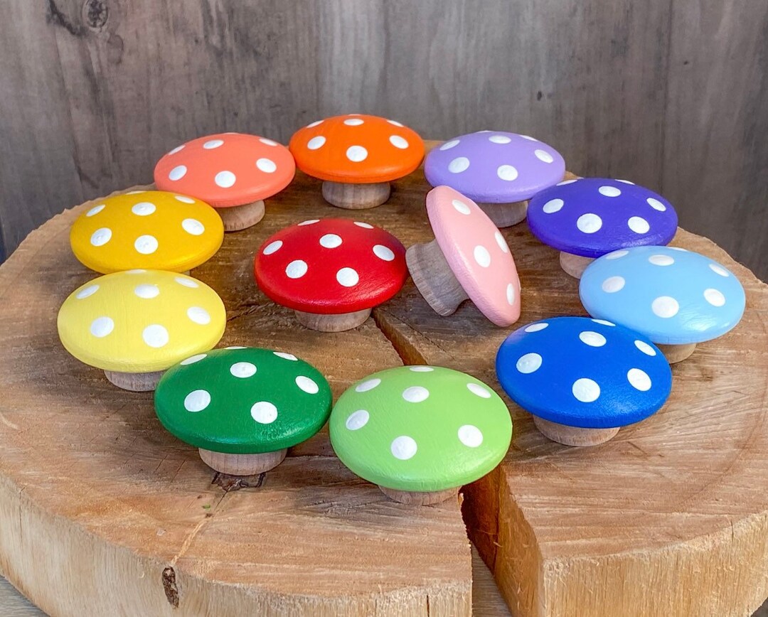 Waldorf Montessori Wooden Rainbow Sorting Counting Mushroom Set of 12 ...