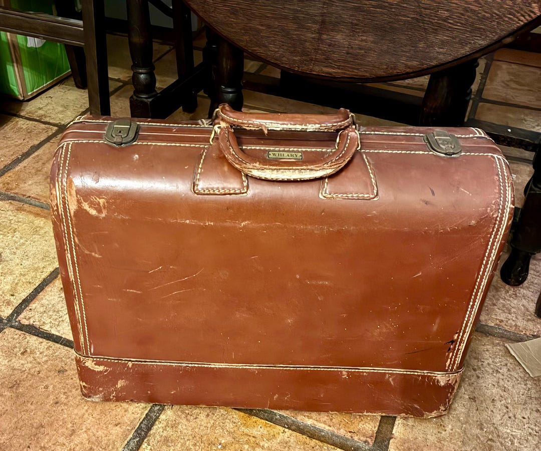 Vintage Wheary Leather Suitcase: Rustic Travel Decor, Mid-century ...