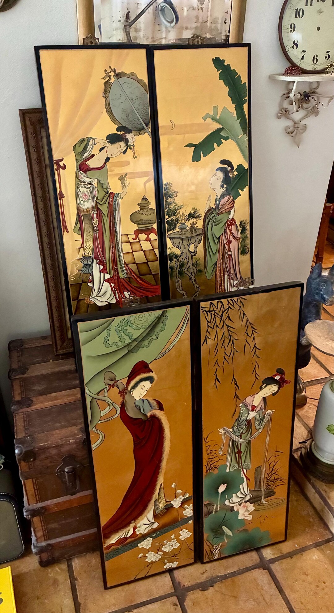Set Vintage Asian Wood Wall Panels (set of 4): Hand-painted Gold Finish ...