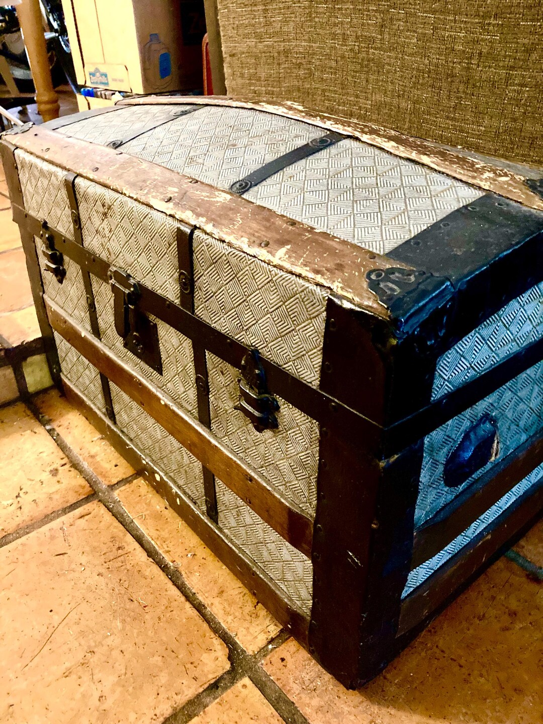 Antique Roll Top Steamer Trunk: Victorian Embossed Metal Travel Trunk ...