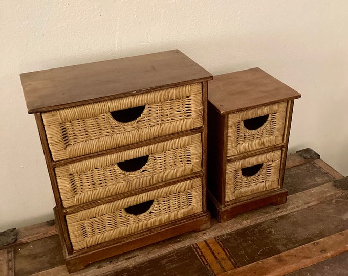 2 Vintage Wicker and Wood 3 Snd 2 Drawer Storage Units, Vintage Office ...