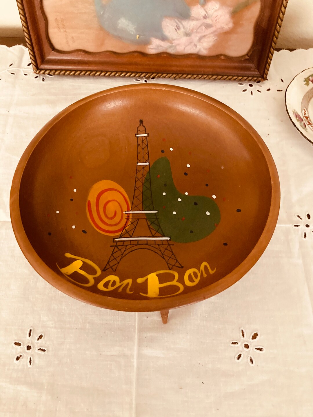 Midcentury Bon Bon Dish Vintage Wooden Candy Dish With The Eiffel Tower Motif Etsy