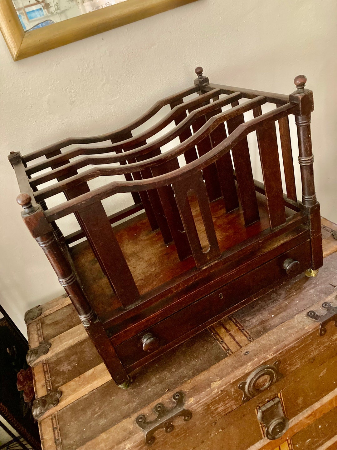 Vintage Wooden Magazine Rack – Traditional Style With Drawer & Brass ...