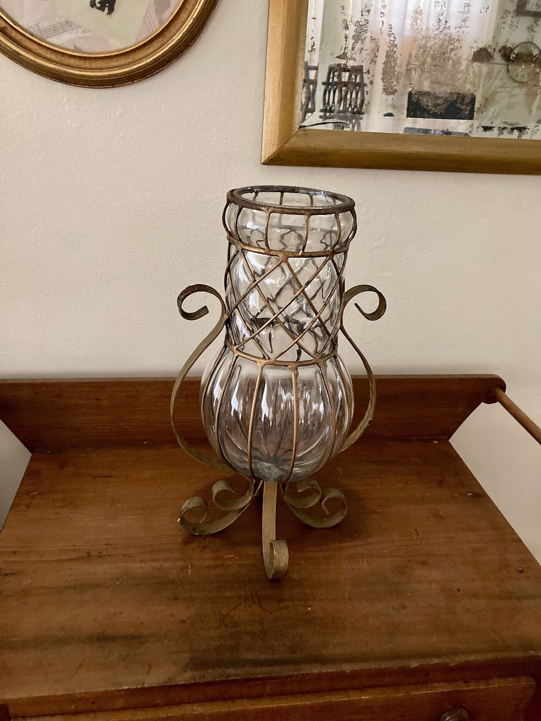 Vintage Blown Glass Vase With Wrought Iron Frame, Midcentury Blown ...