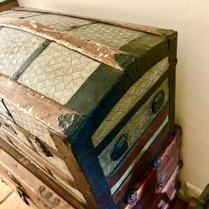 Antique Roll Top Steamer Trunk: Victorian Embossed Metal Travel Trunk ...