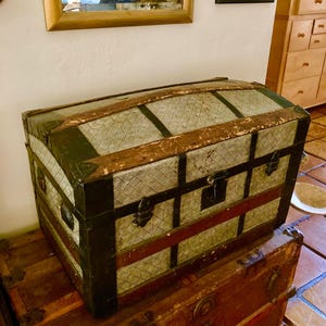 Antique Roll Top Steamer Trunk: Victorian Embossed Metal Travel Trunk ...
