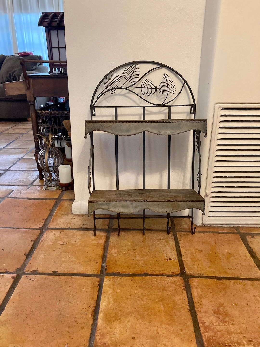 Vintage 2 Tier Metal Storage Shelf With Hooks, Iron Spice Rack, Vintage ...