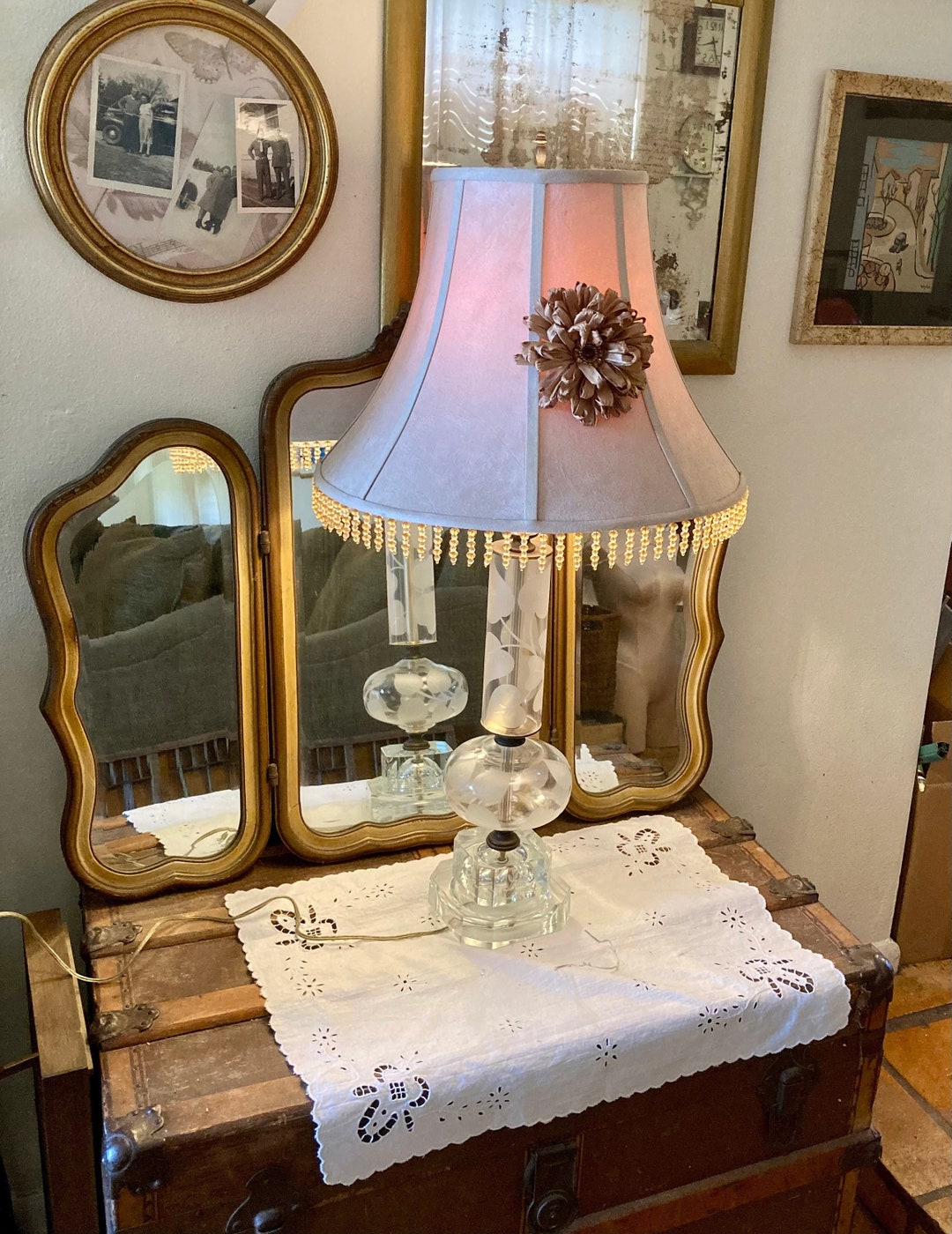 Vintage Boudoir Lamp Shade, 17 Inch Suede Lamp Shade With 3D Flower - Etsy