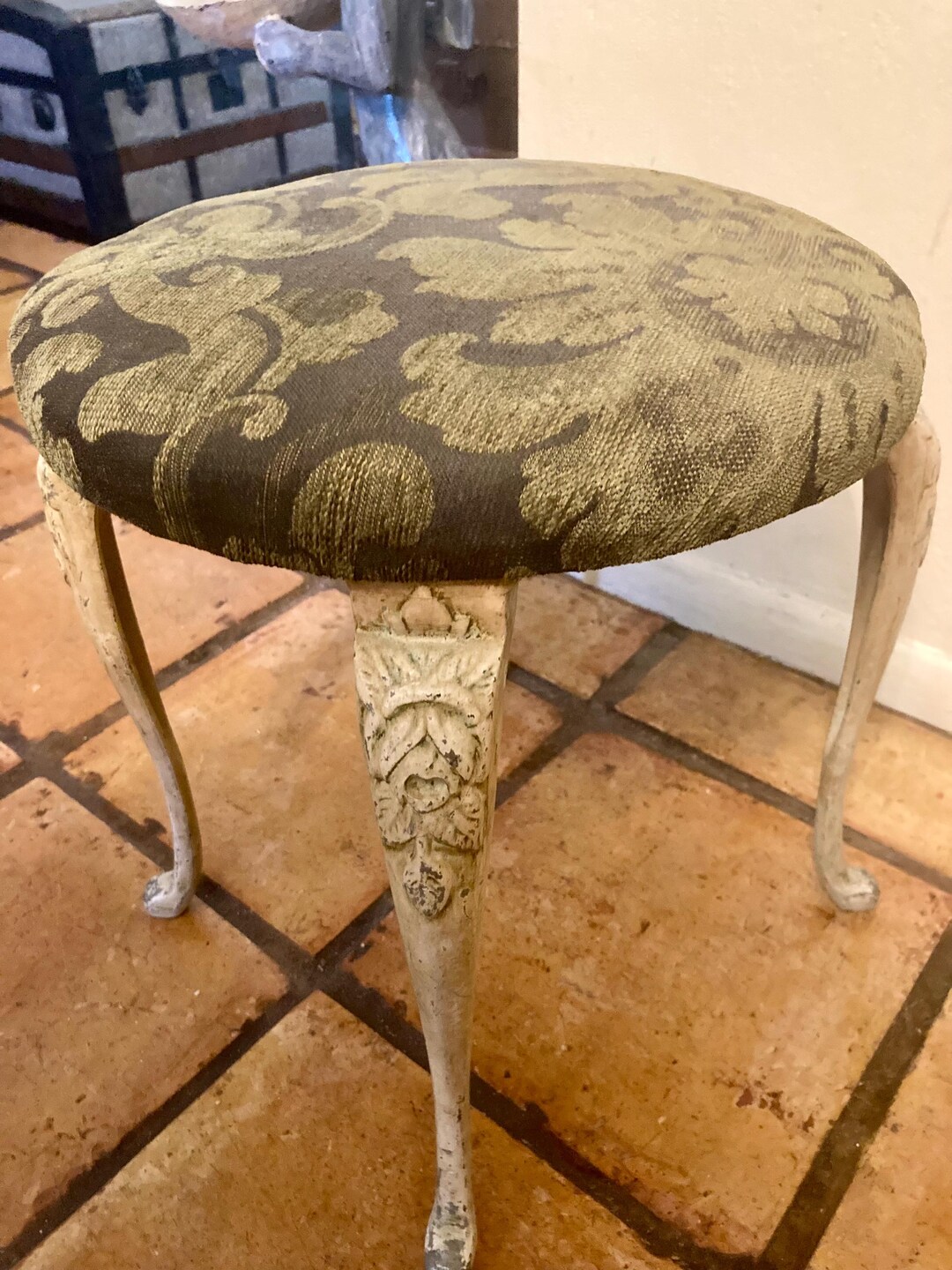 Vintage Stool, Victorian Cast Iron Enameled Upholstered Stool, Vintage ...