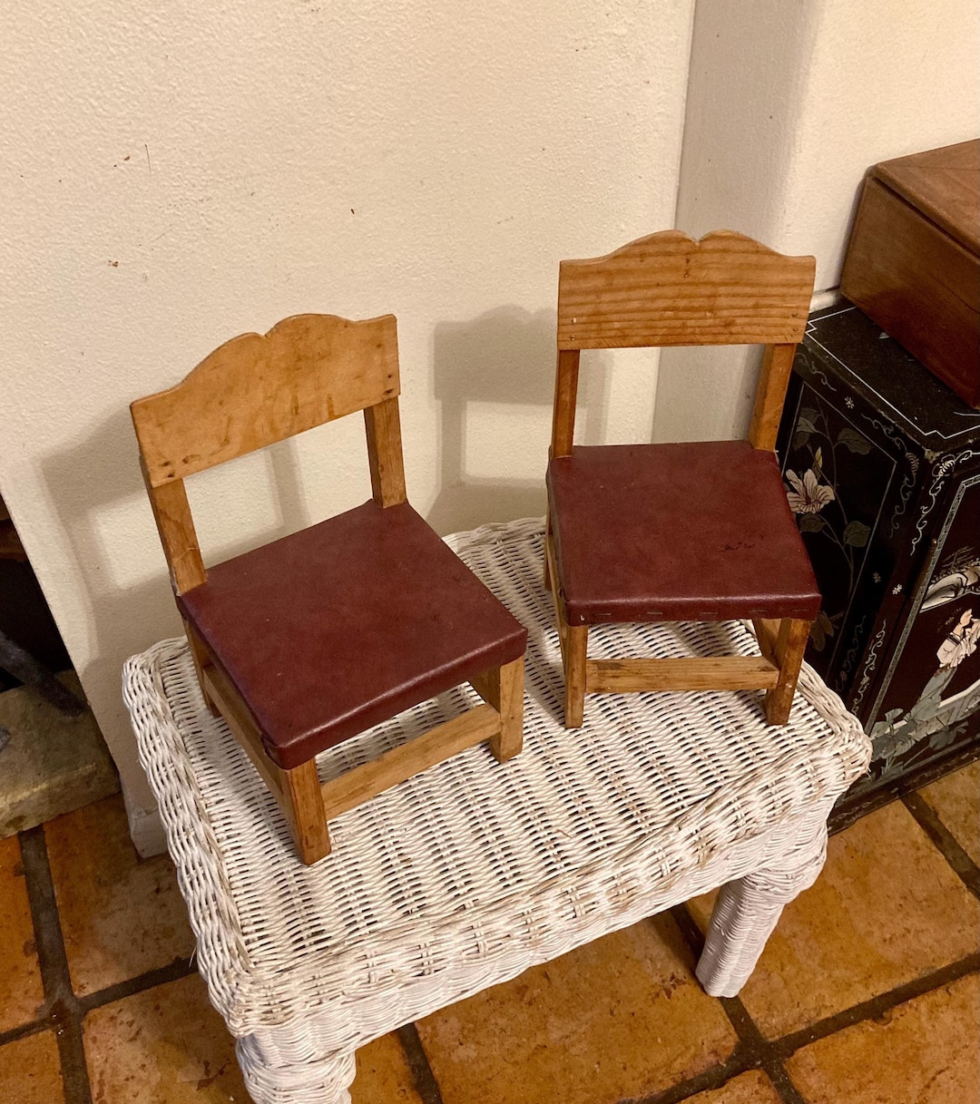 Pair of Vintage Handcrafted Wooden Doll Chairs – Faux Leather Seats ...