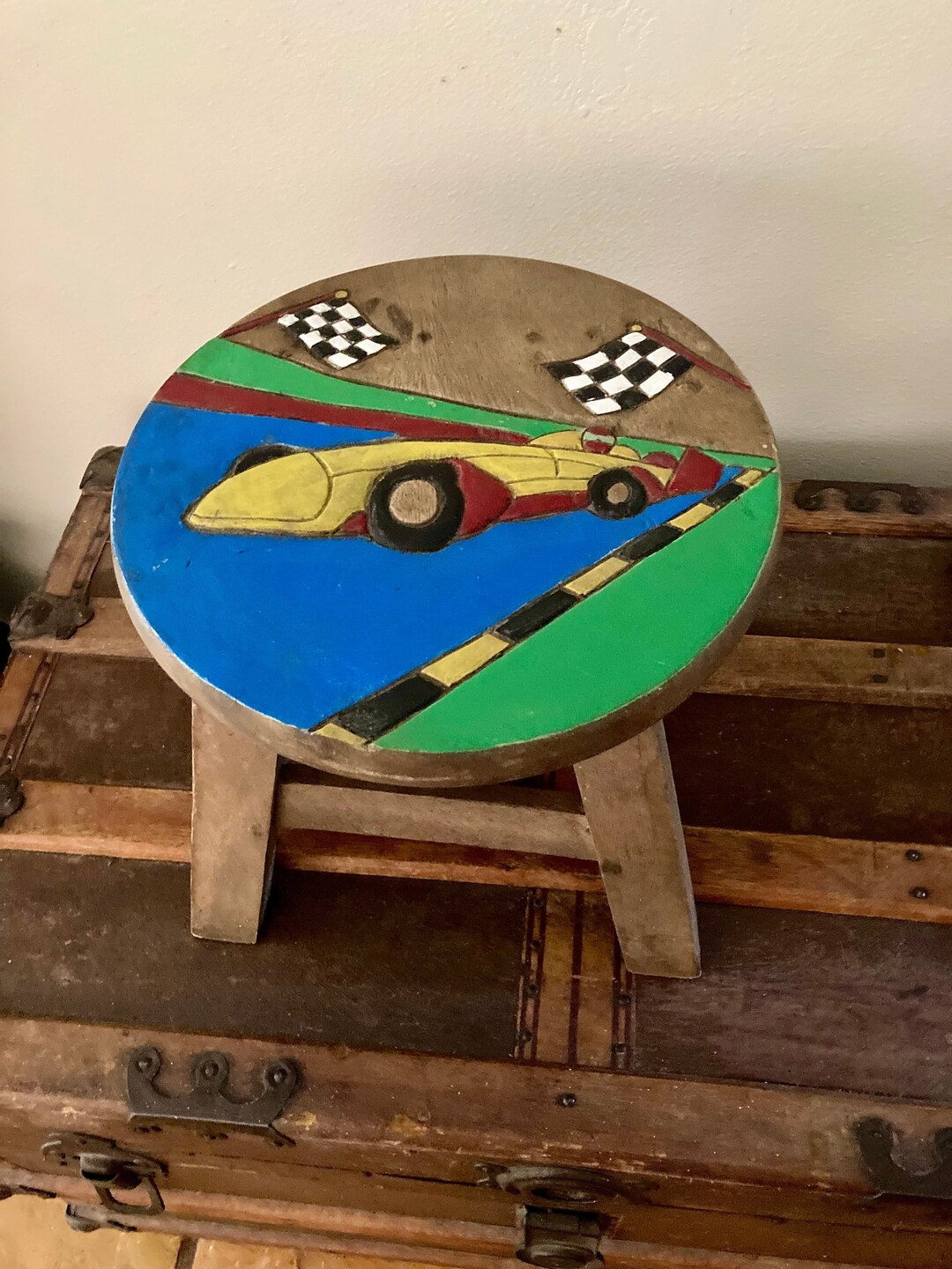 Childs Race Car Stool, Vintage Race Car Stool, Hand Painted Stool, Kids ...