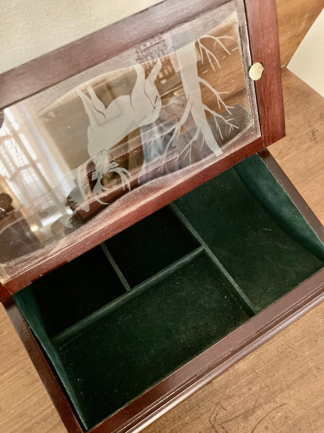 Vintage Wood and Etched Glass Valet Box, Buck in the Woods Scene on Box ...