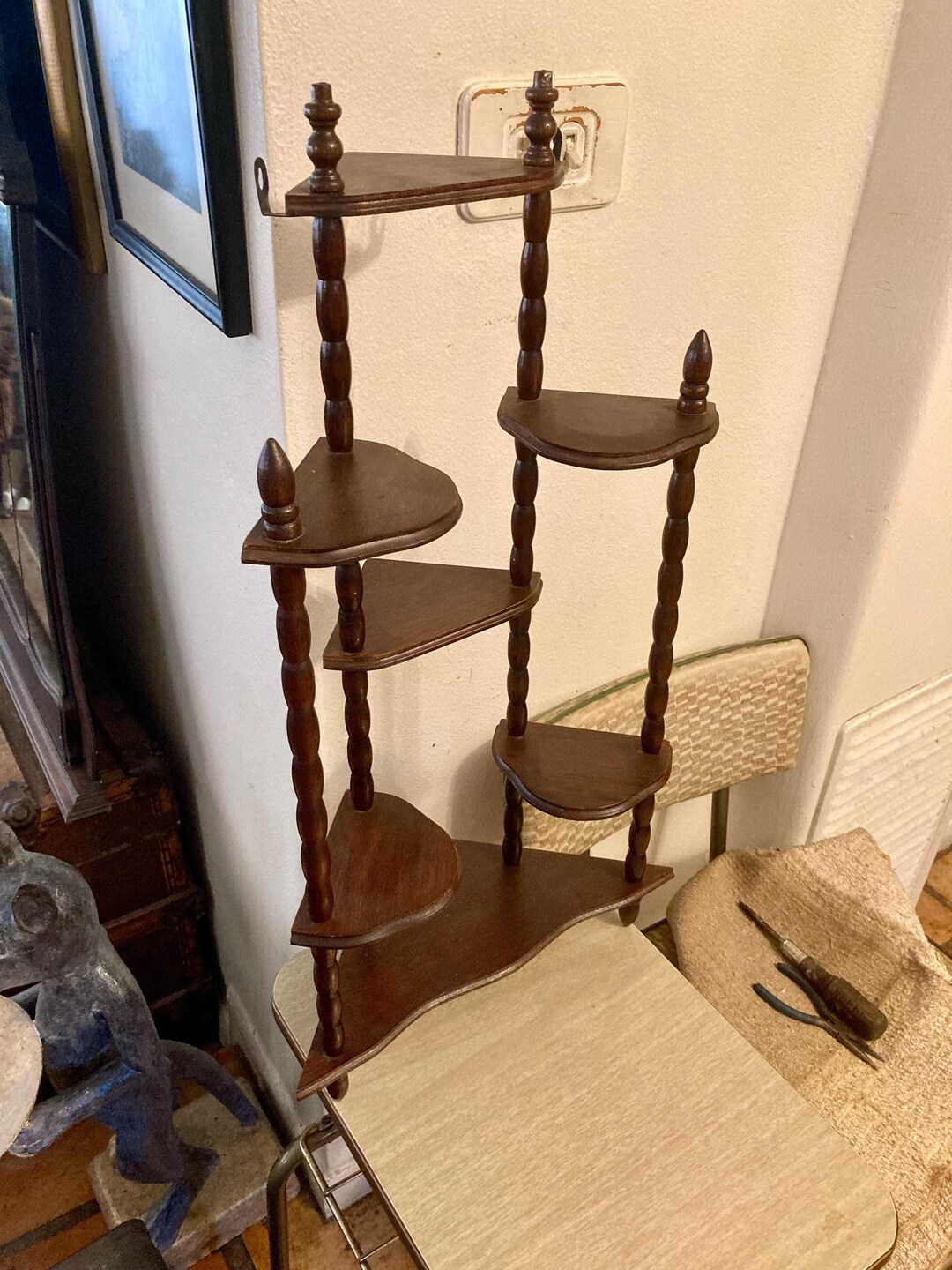 Vintage Corner Shelf With Wooden Spindles, 7 Tier Knick Knack Shelf ...