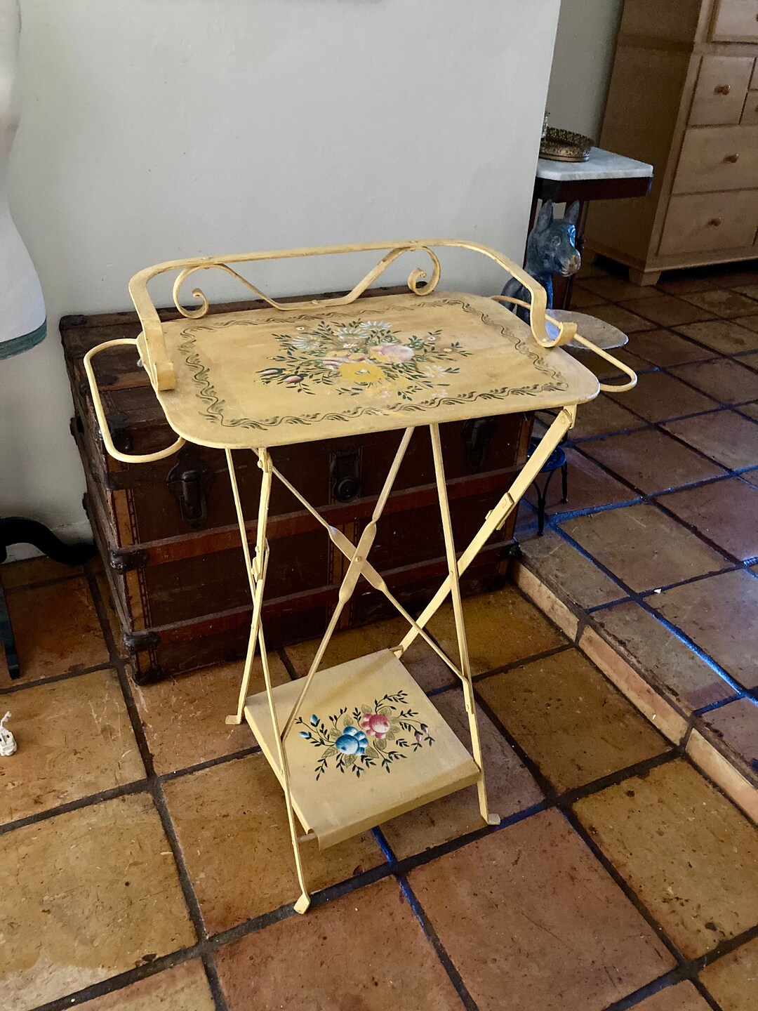 Vintage French Folding Wash Stand, Portable Metal Wash Stand, Yellow ...