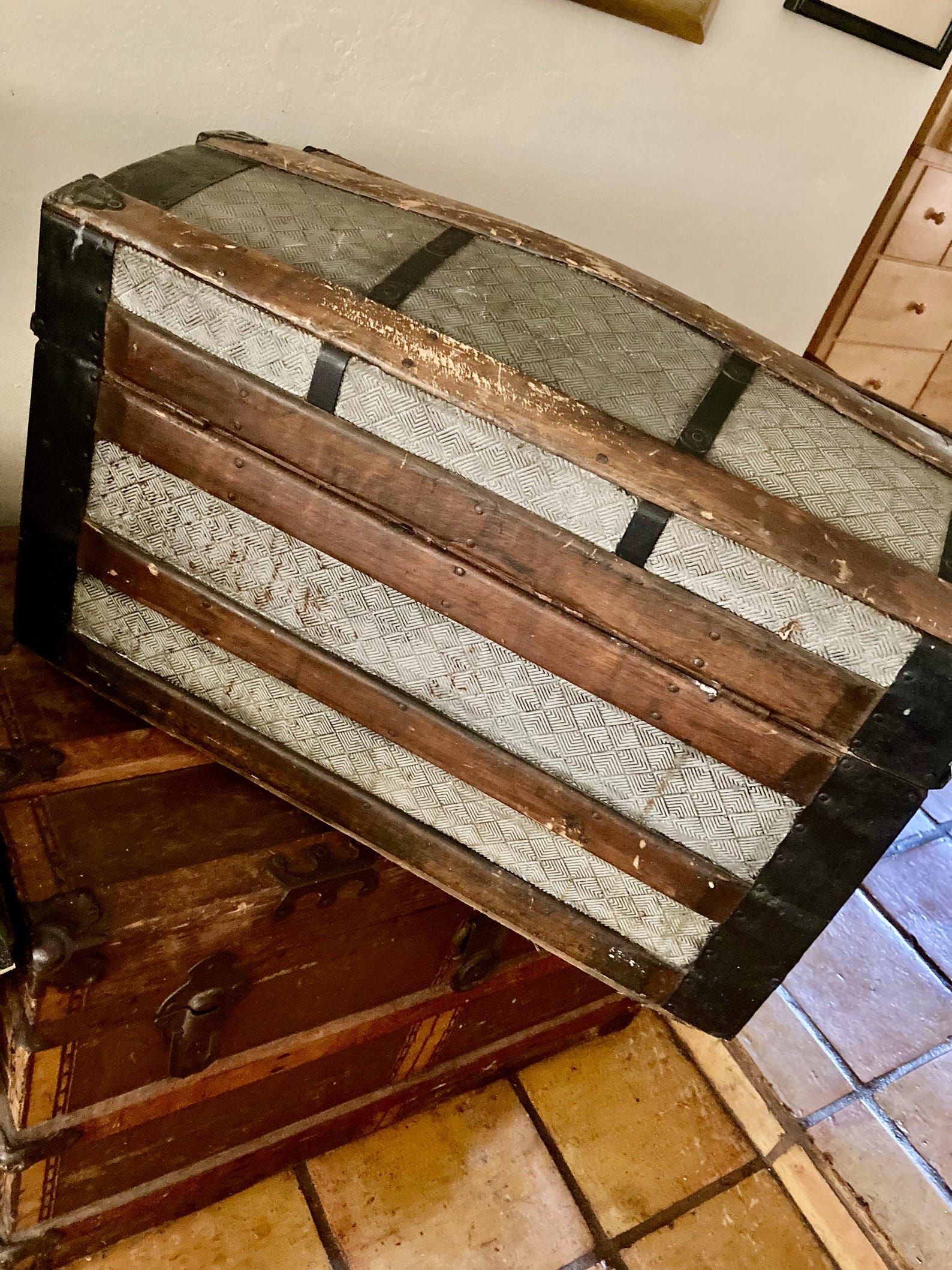 Antique Roll Top Steamer Trunk: Victorian Embossed Metal Travel Trunk ...