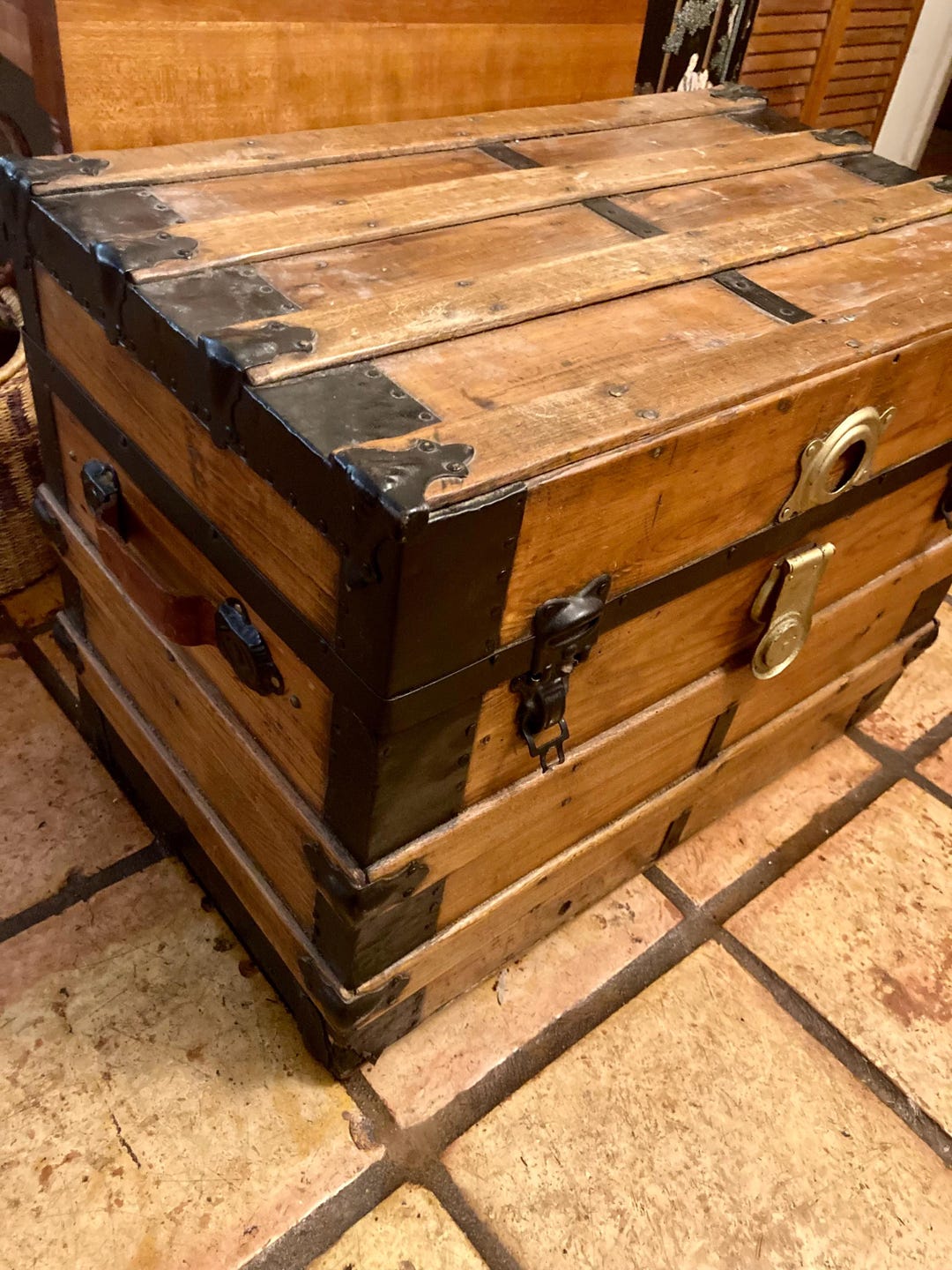 Antique Flat Top Steamer Trunk, Victorian Steamer Trunk, Vintage Wooden ...
