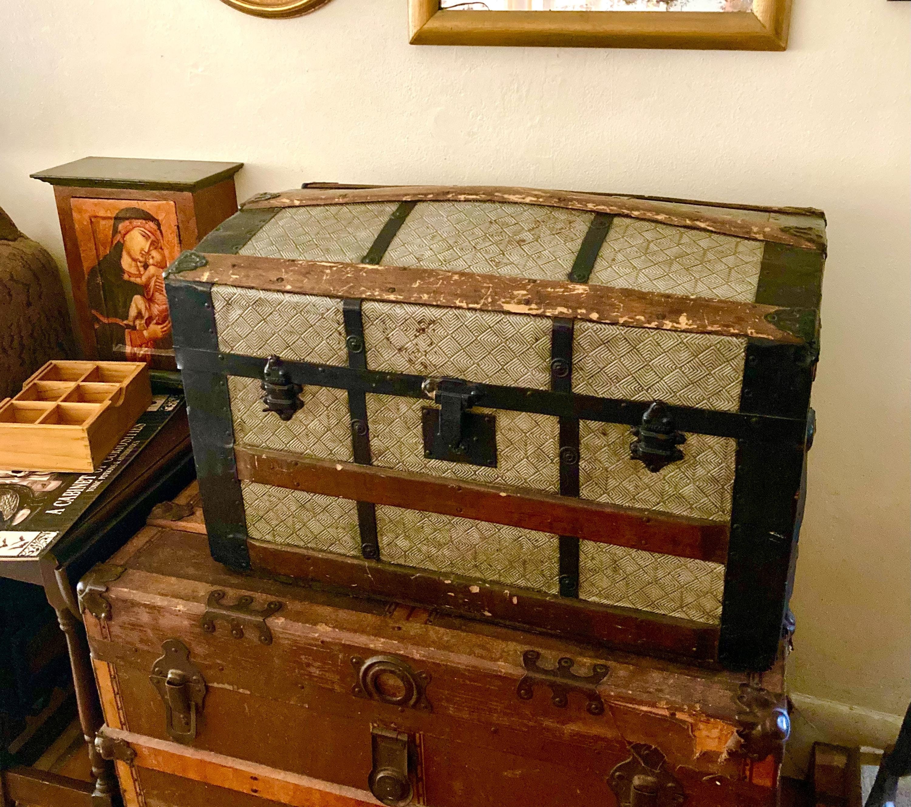 Antique Roll Top Steamer Trunk: Victorian Embossed Metal Travel Trunk ...
