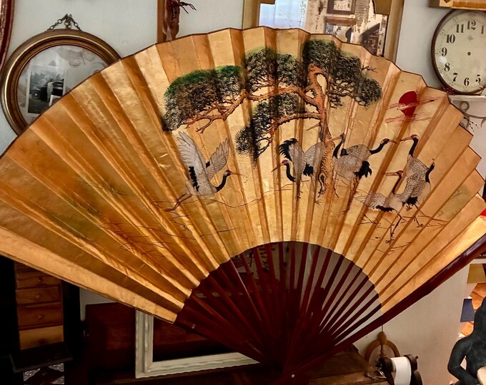 Vintage 39” Hand-painted Chinese Wall Fan | Gold Background With White ...