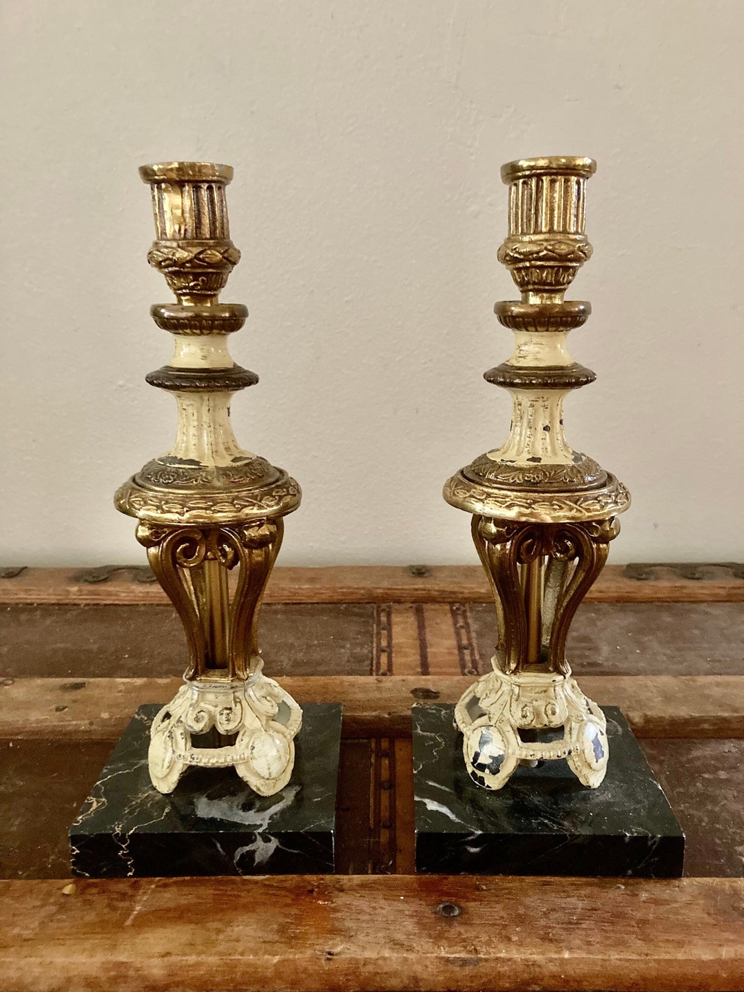 Antique Candlestick Lamp-bases, 2 Marble and Iron Candlestick Table ...