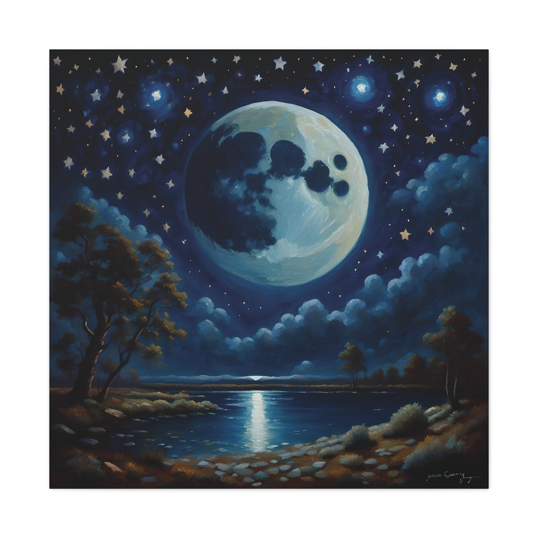 Moon Art, Full Moon Wall Art, Moon and Stars Art, Full Moon Decor ...