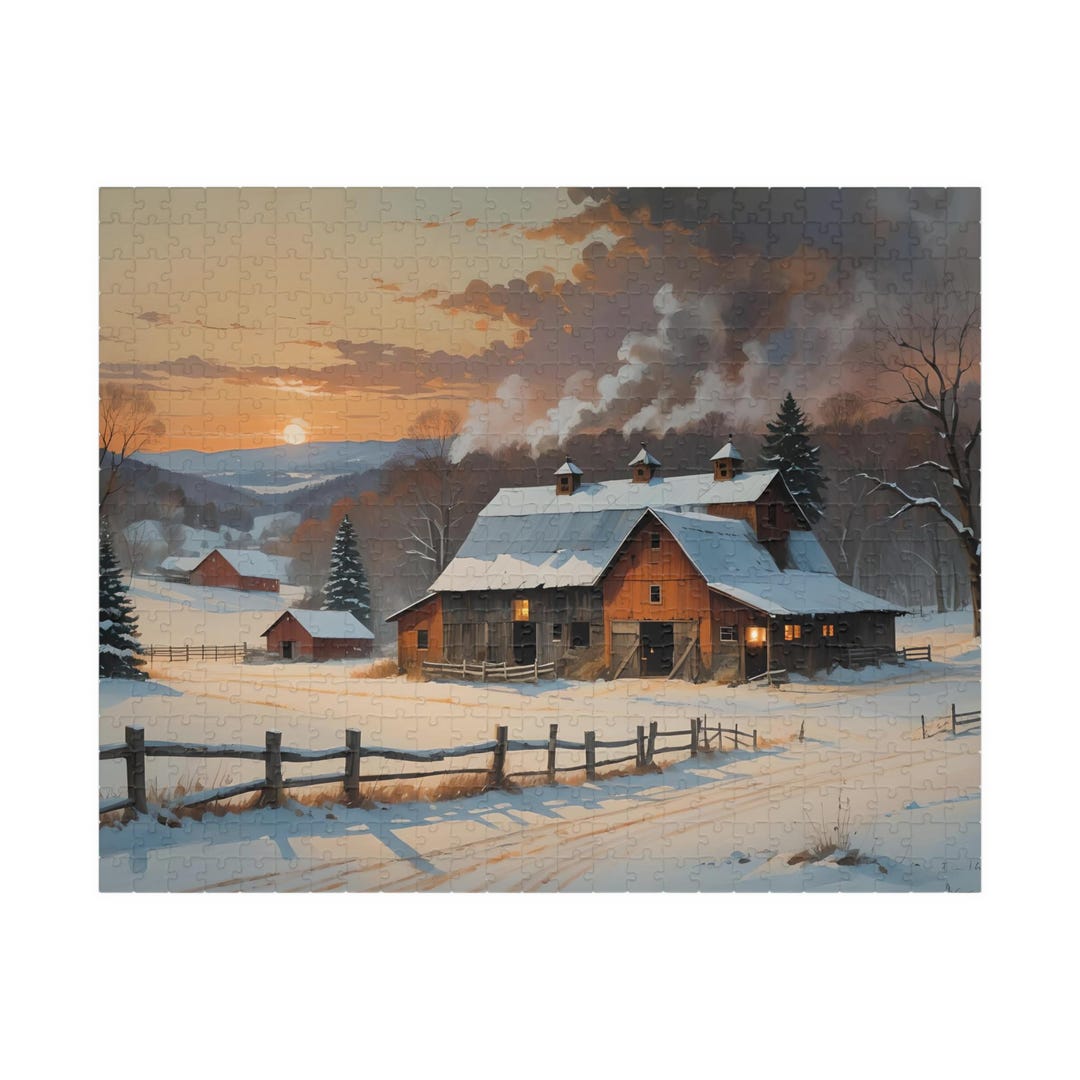 Winter Farm Puzzle Cozy Barnyard Puzzle, Farmyard Puzzle, Red Barn ...