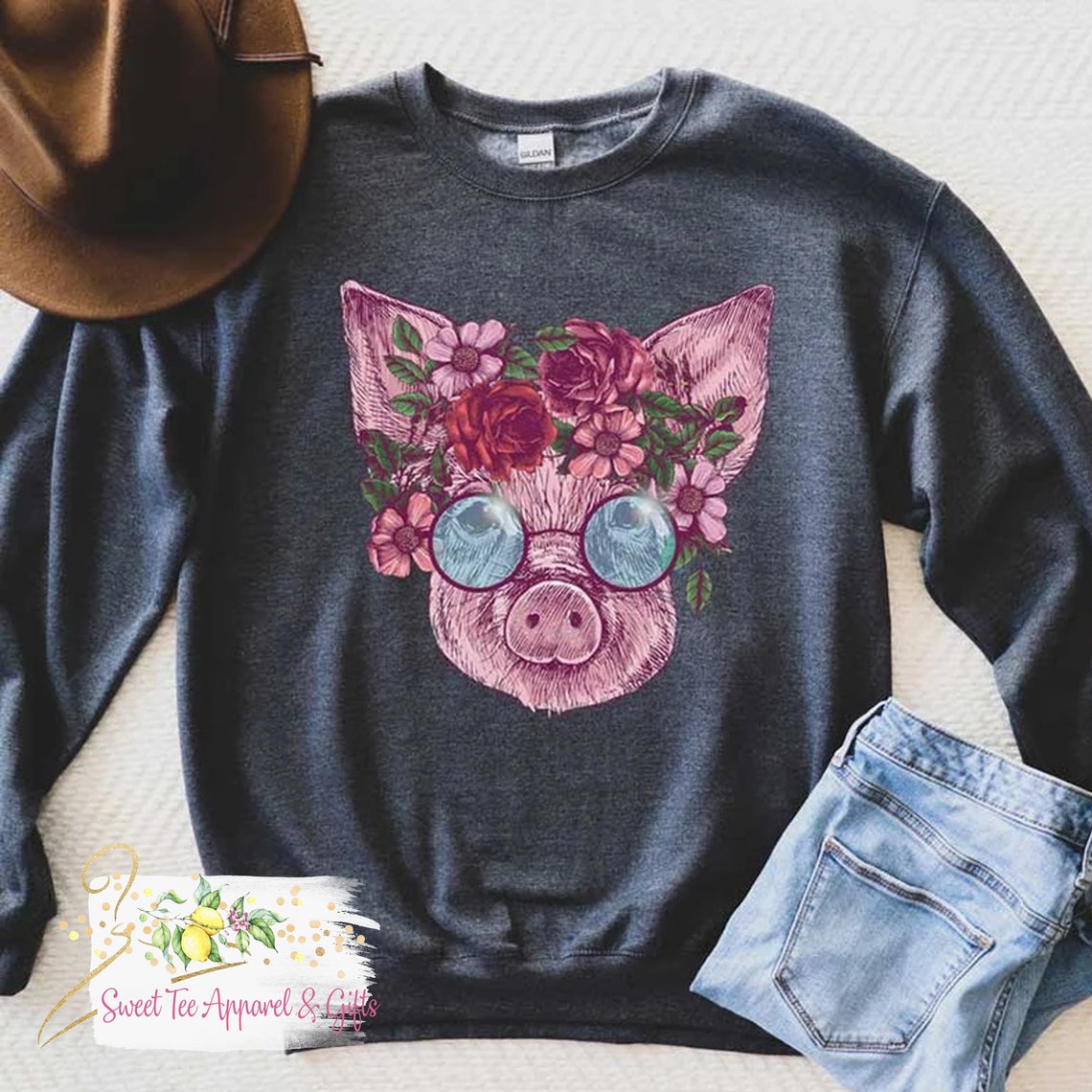Hippie Pig Sweatshirt - Cute Pig Top - Boho Pig - Pig With Glasses ...