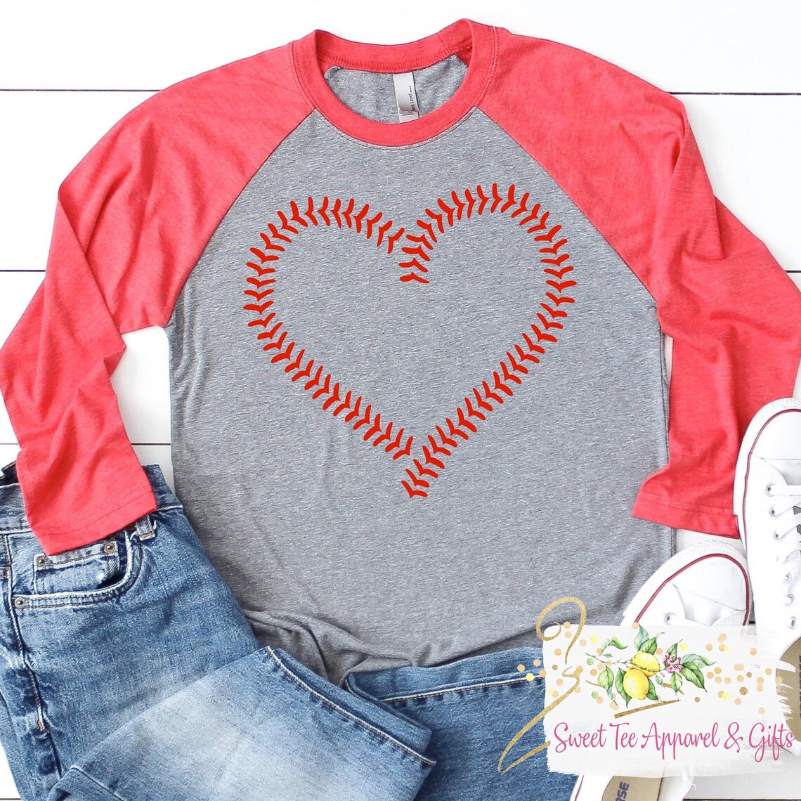 Baseball Shirt - Baseball Seam Heart Shape Three Quarter Length Sleeves ...