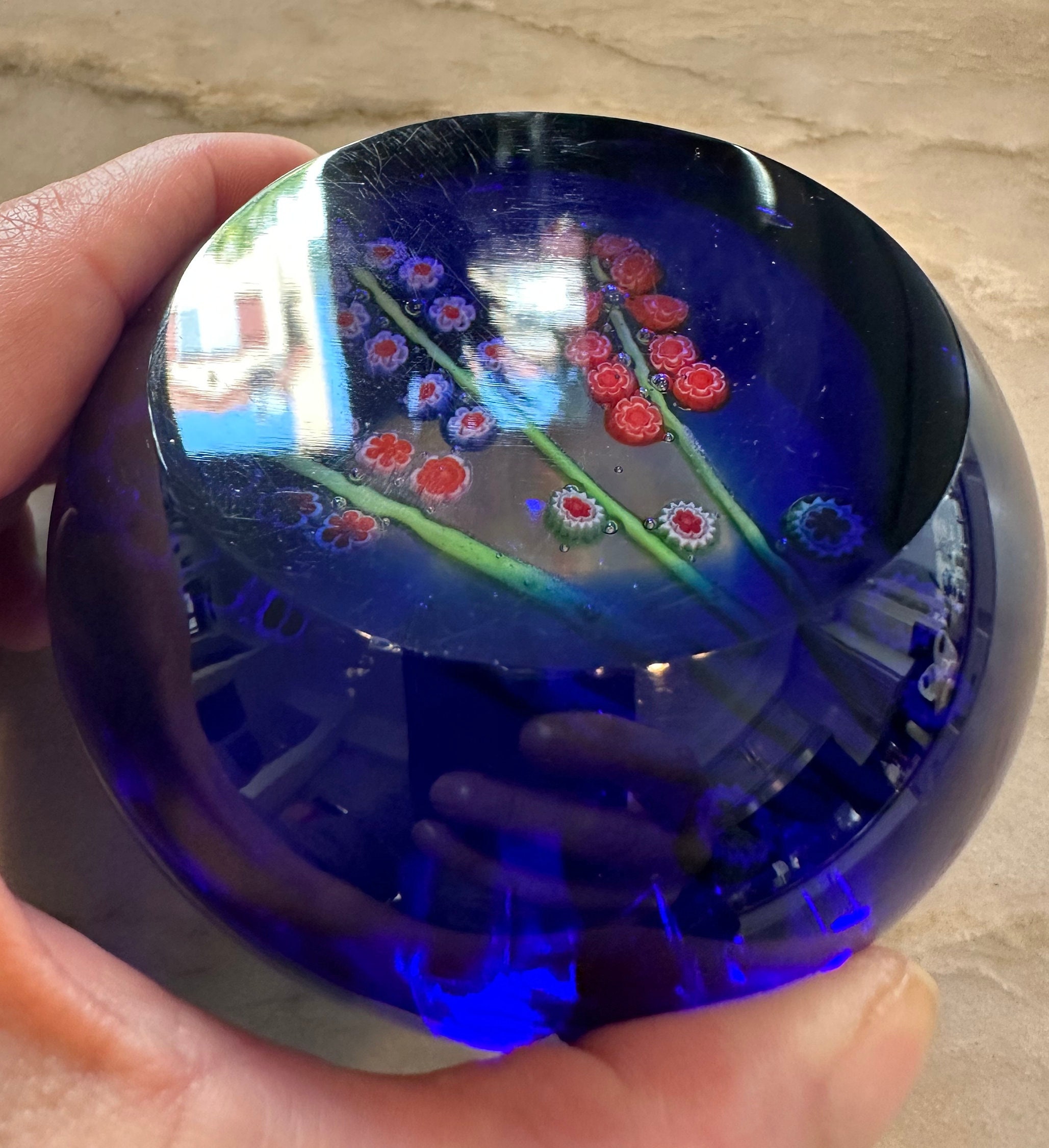 Blue Art Glass Paperweight With Flat Glass Top and Millefiori - Etsy