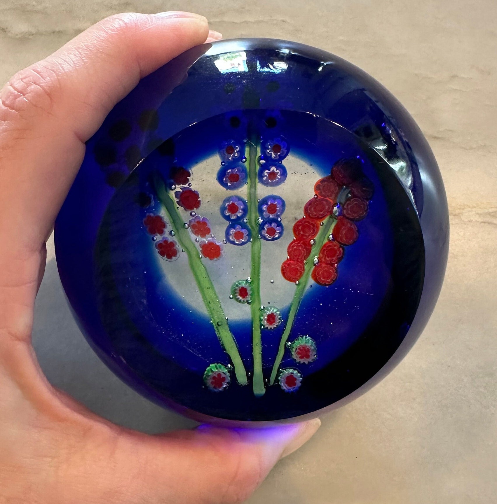 Blue Art Glass Paperweight With Flat Glass Top and Millefiori - Etsy