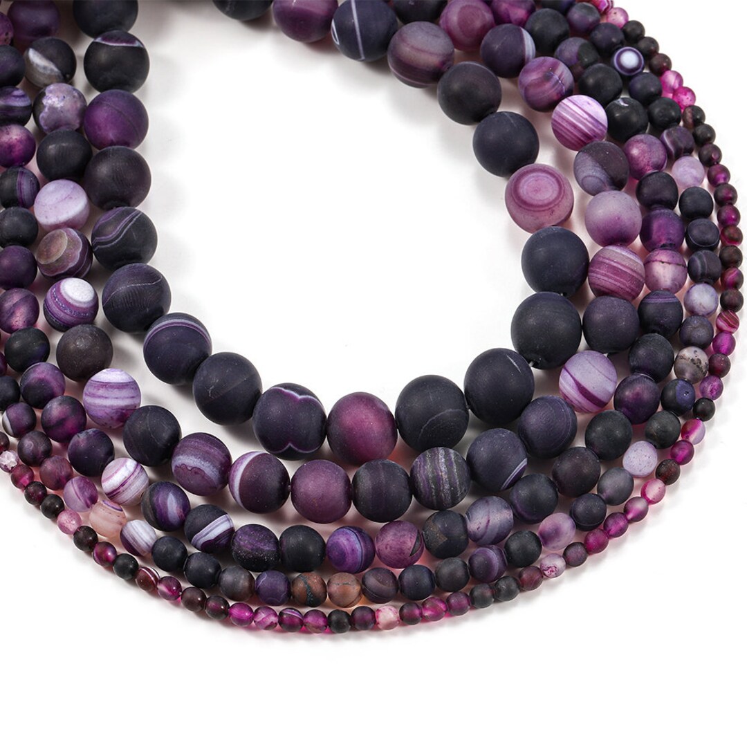 1strand/lot 4 6 8 10 12mm Matte Purple Strips Agates Beads Stone Round ...