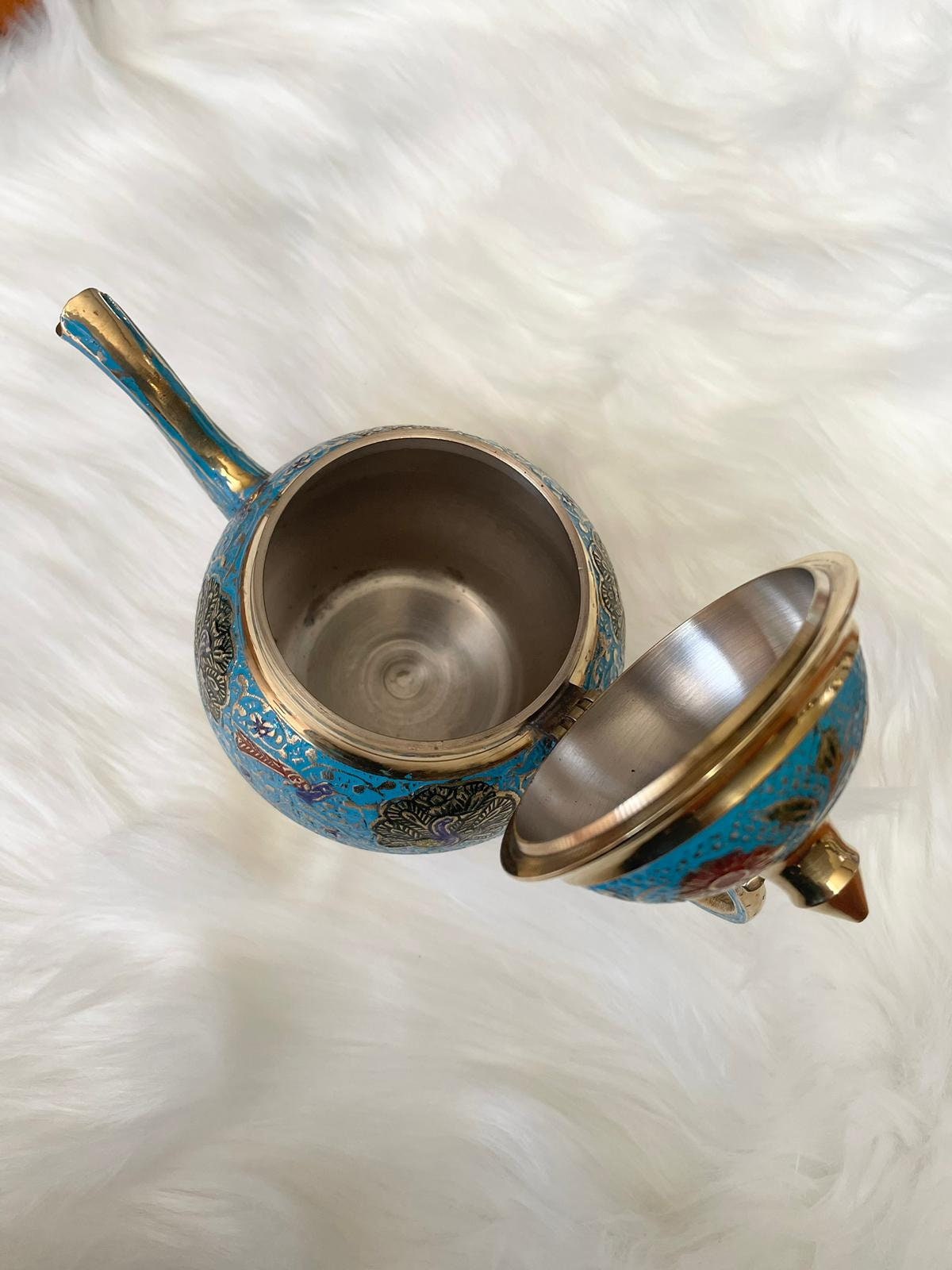 Vintage Enamel Hand Painted Etched Brass Tea Set Blue - Etsy