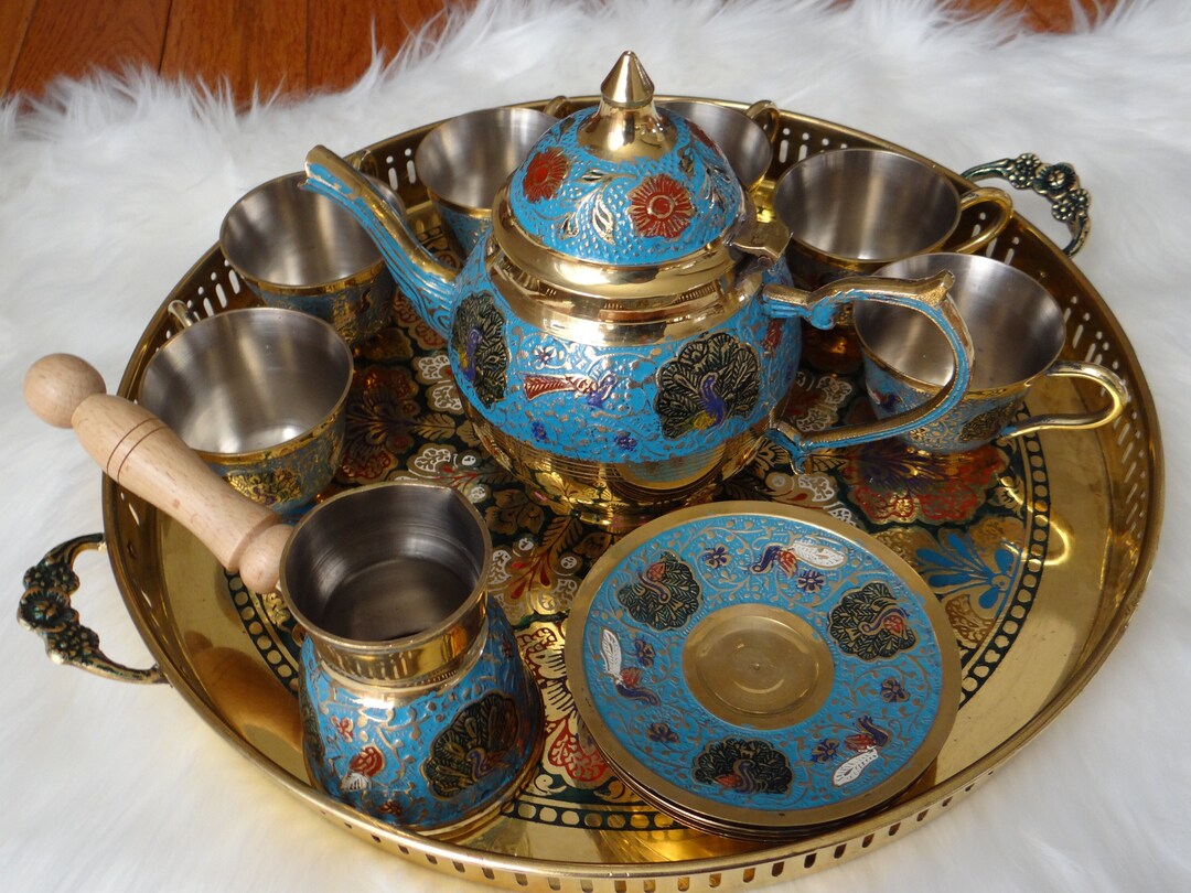 Vintage Enamel Hand Painted Etched Brass Tea Set Blue - Etsy