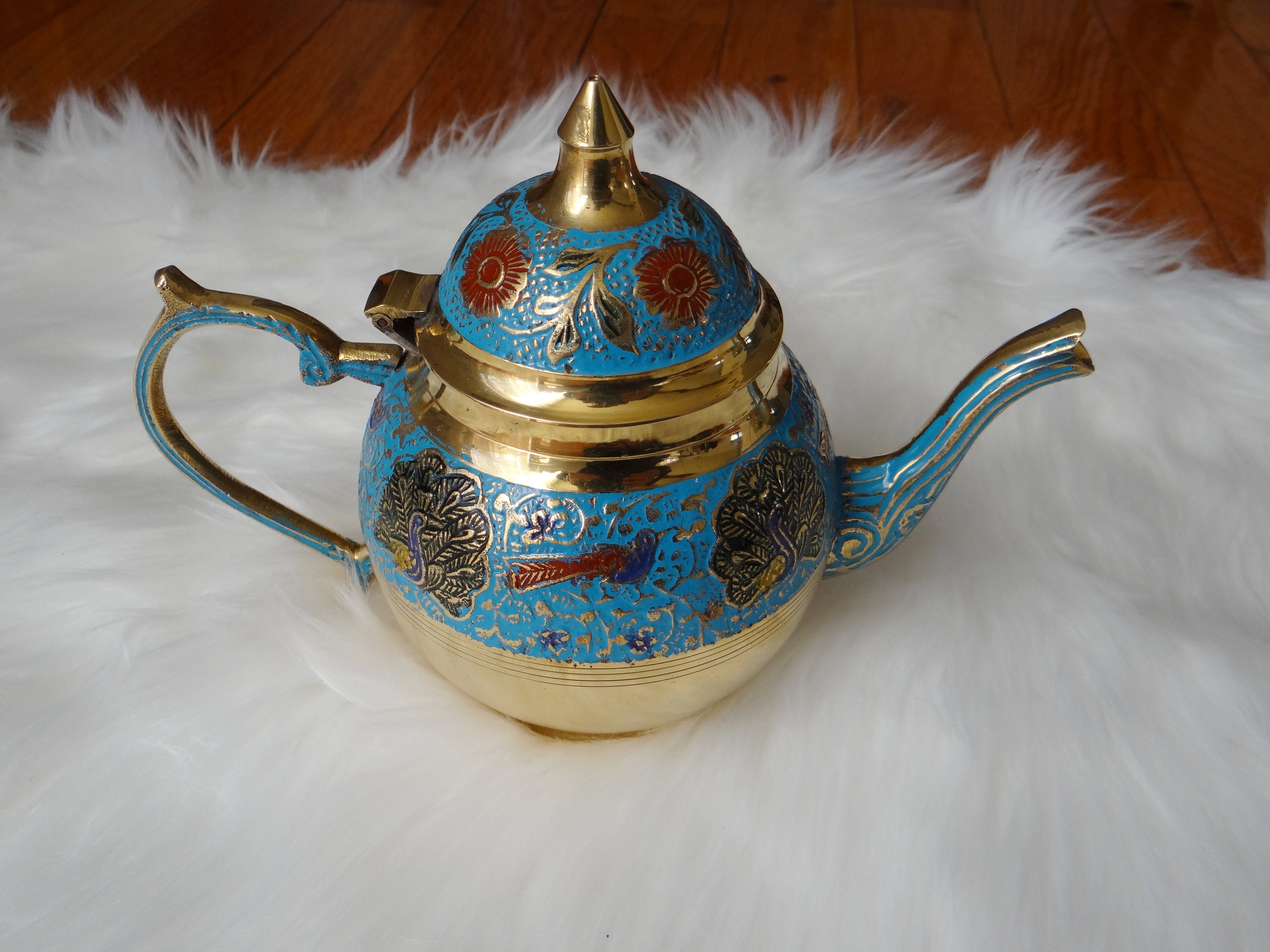 Vintage Enamel Hand Painted Etched Brass Tea Set Blue - Etsy