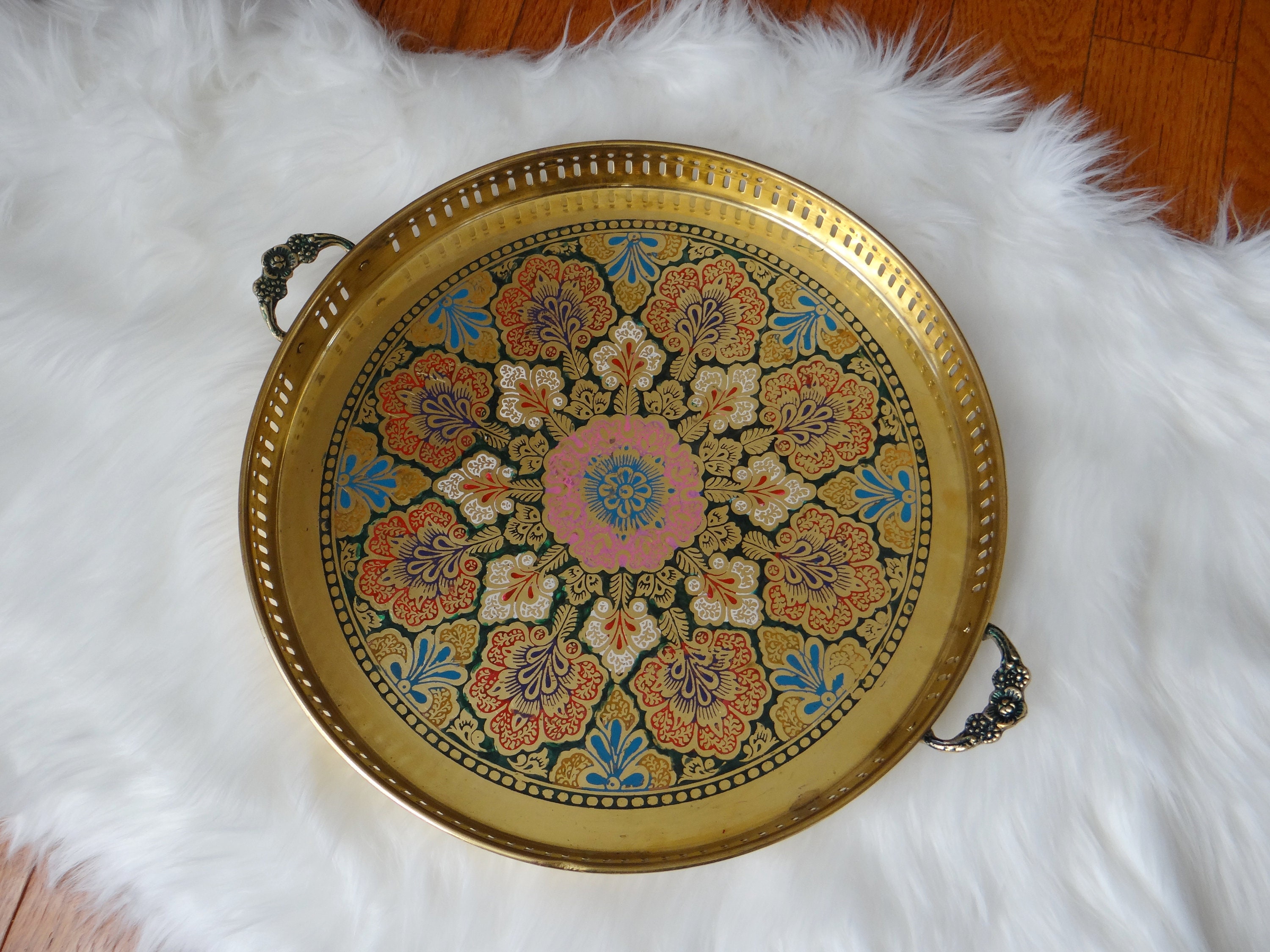 Vintage Enamel Hand Painted Etched Brass Tea Set Blue - Etsy