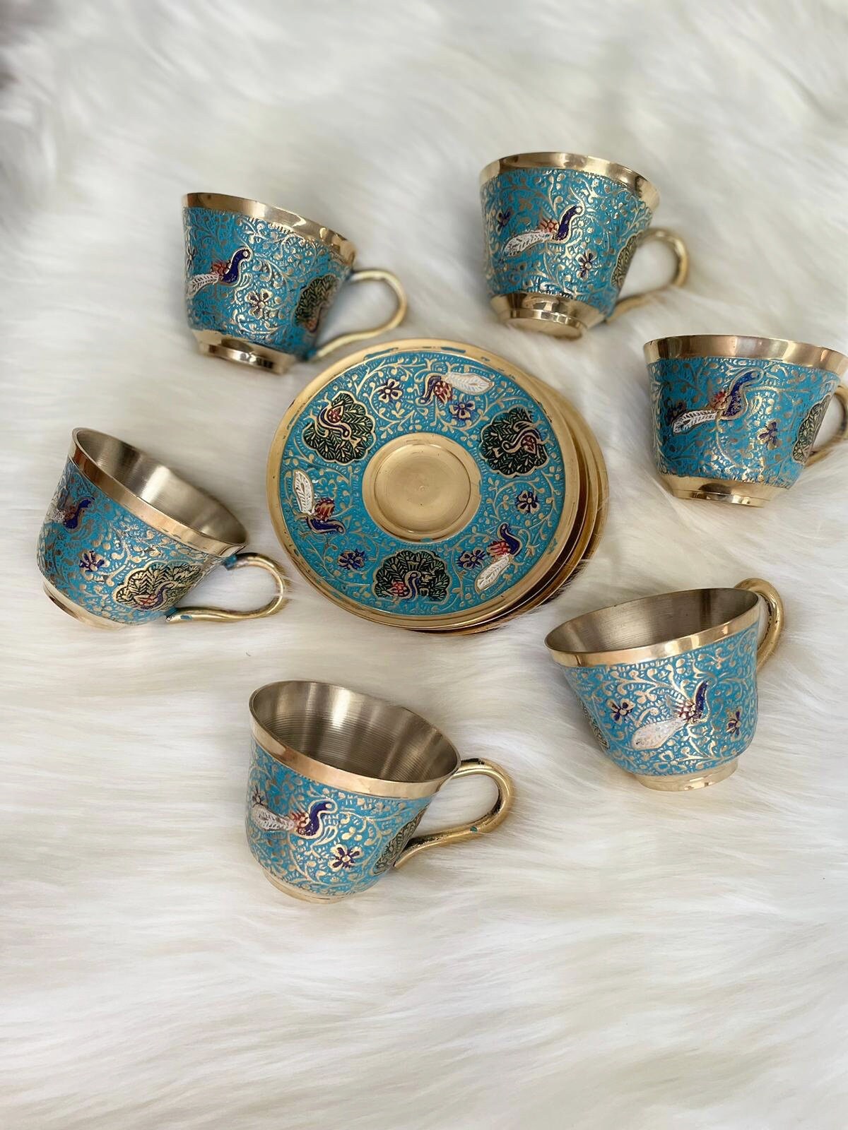 Vintage Enamel Hand Painted Etched Brass Tea Set Blue - Etsy