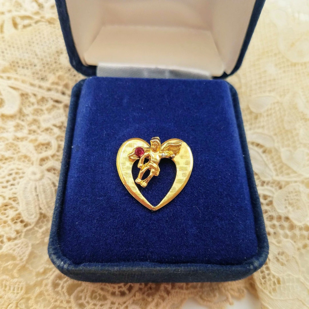 Vintage Angel Lapel Pin, Gold Tone Heart Tack Pin, Guardian Angel ...